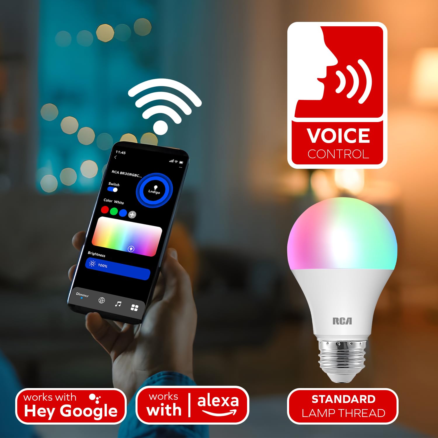 RCA Smart Light Bulbs, Multicolor LED, WiFi, Dimmable Color Changing Light Bulb, 800 Lumens 10W, Alexa & Google Home Compatible, 60W EQ A19 RGB Light, 2.4GHz only, No Hub Req, 2-PK