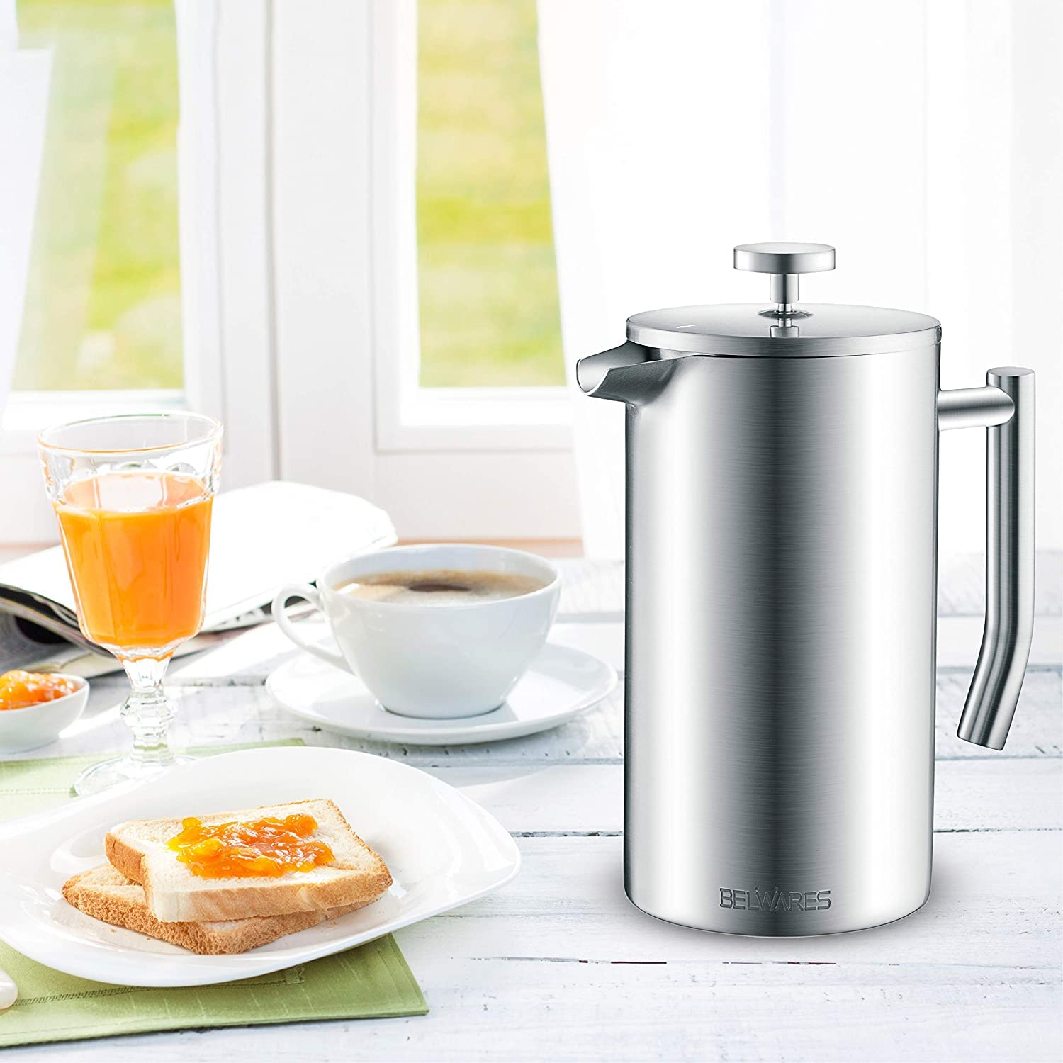Belwares French Press Coffee Maker 50 Oz – Insulated Coffee Press Stainless Steel 304 Large – Coffee Spoon, Double Wall, & 4 Level Filtration System (1.5 Liter) – Silver