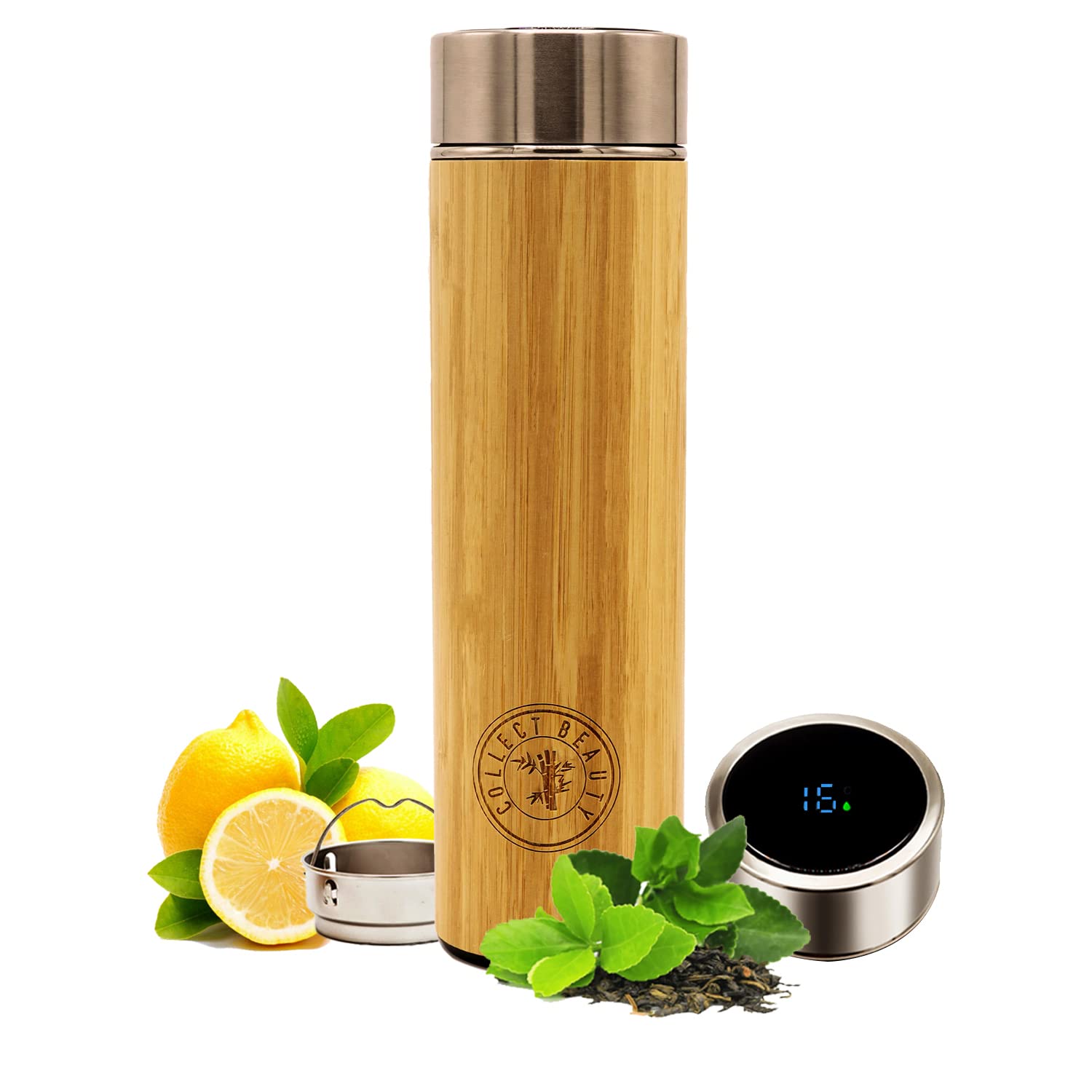 Bamboo Water Bottle with Tea Infuser Tumbler with LED Temperature Insulated Stainless Steel Thermos
