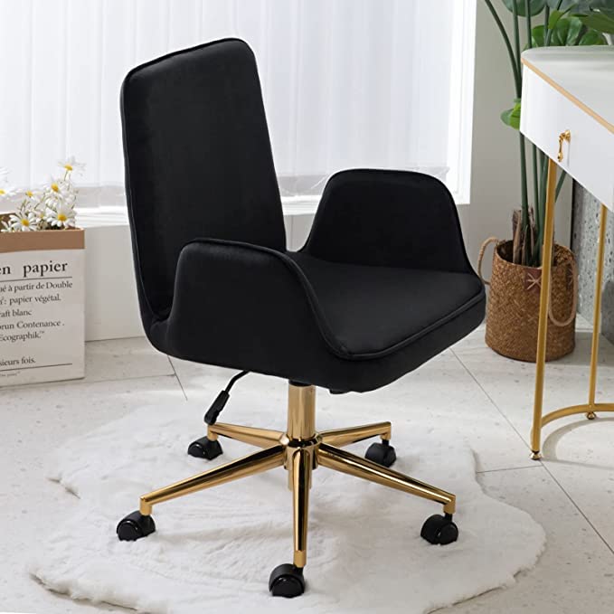 Furniliving Velvet Home Office Desk Chair with Wheels, Modern Adjustable Vanity Task Chair Midback Computer Executive Chair 360° Swivel Chair with Smooth Casters (Velvet-Black)