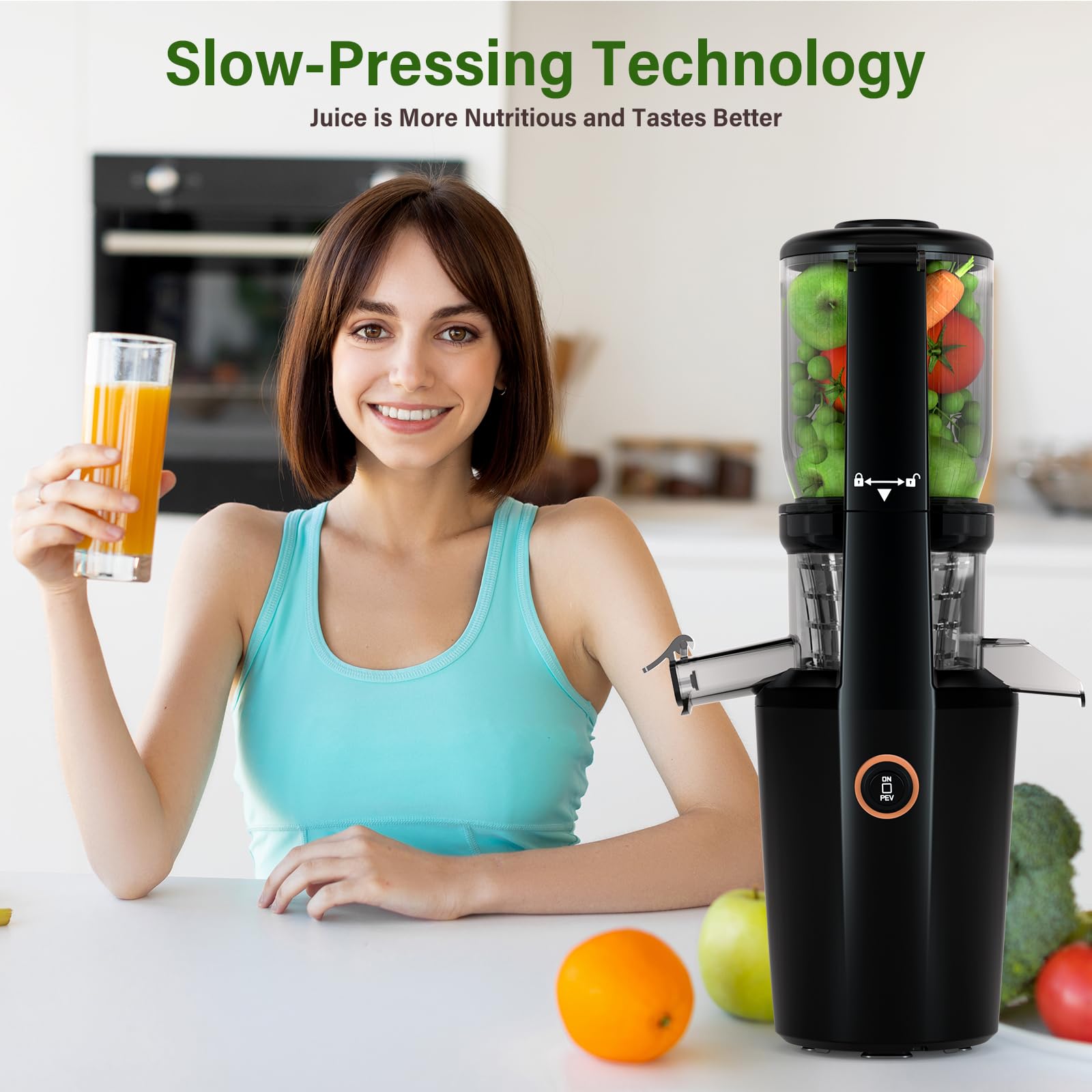 Cold Press Juicer,Slow Masticating Juicer,4.2-inch Large Bore Feed Chute, Juicer Machines Vegetable and Fruit,Easy to Clean, High Juice Yield,250W (black)