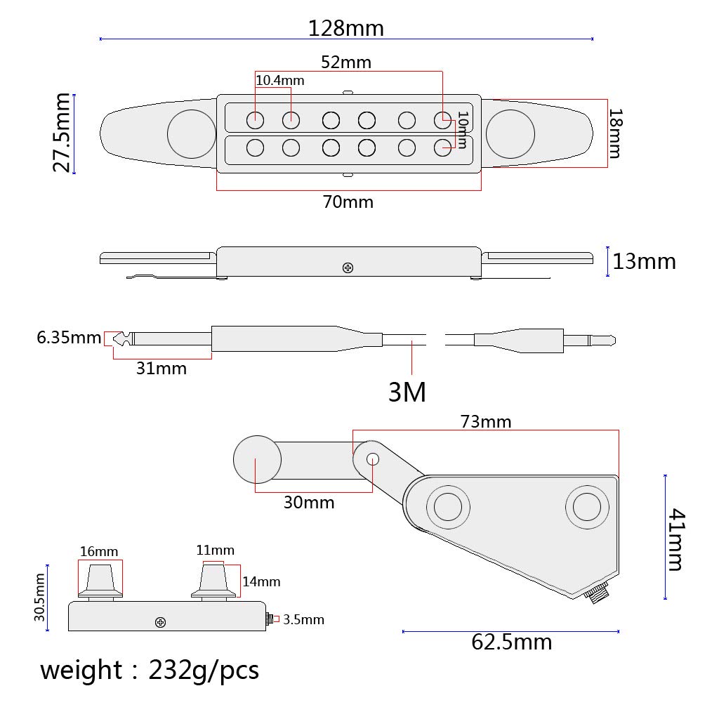 HOYUJI 12 SoundHole Guitar Pickups, Magnetic preamplifier for Acoustic Guitar with Tone and Volume Control, Electric Guitar Pickup Extension, Cable Length 10 feet