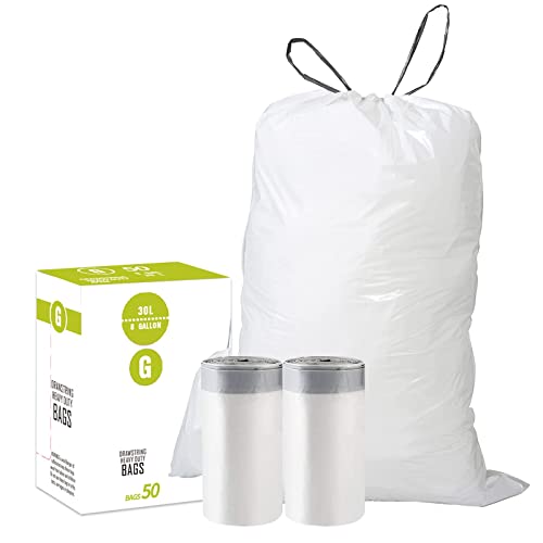 DisplayForever Code G (50 Count) 8 Gallon Heavy Duty Drawstring Plastic Trash Bags Compatible with simplehuman Code G 1.2 Mil White Drawstring Garbage Liners 8 Gallon/30 Liter
