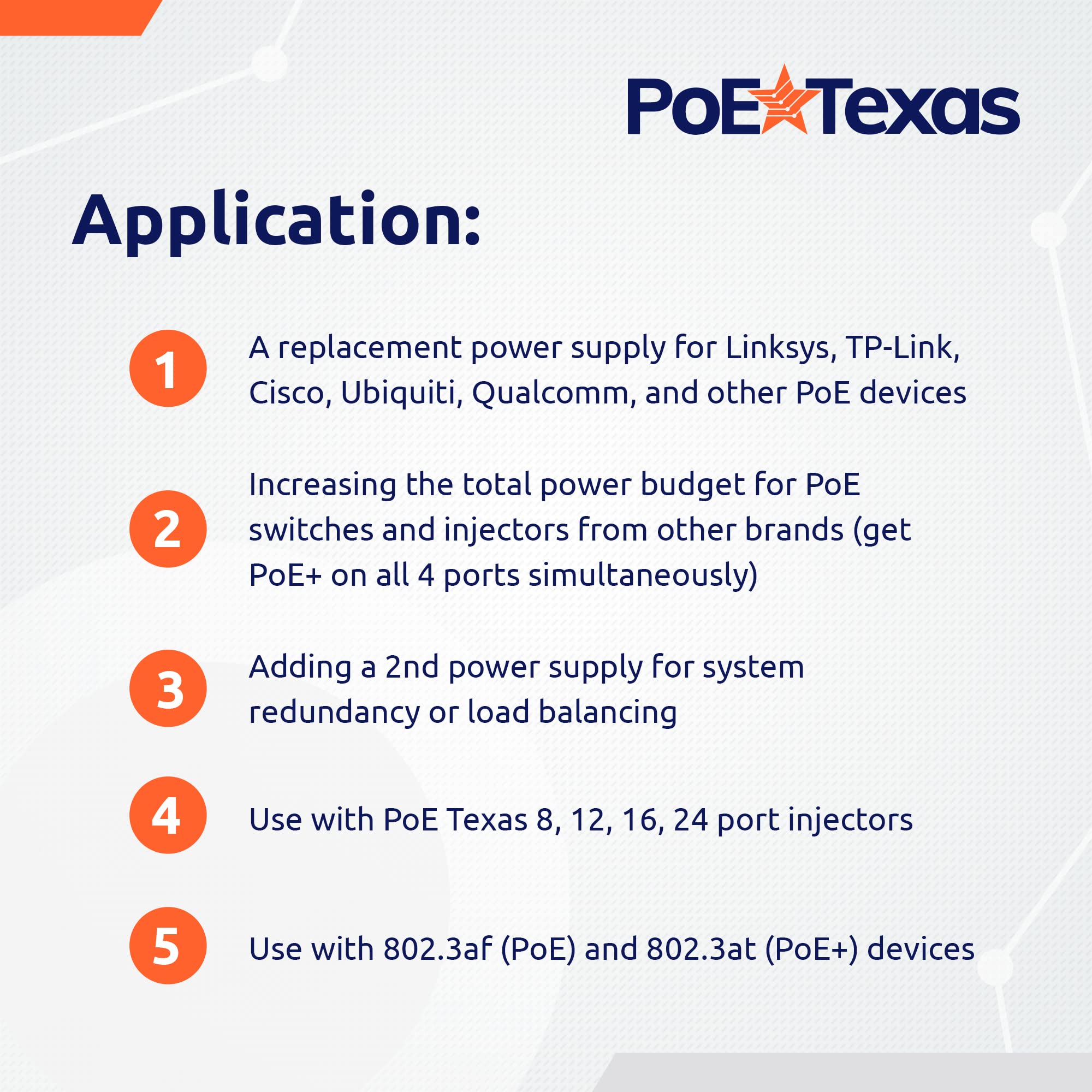 PoE Texas 56v 120w PoE Compatible Power Supply with Wall Mounting Tabs - Easy Installation for Long Distance Power Over Ethernet Network Switch, Injector, Adapter, Extender, 802.3af, 802.3at Devices