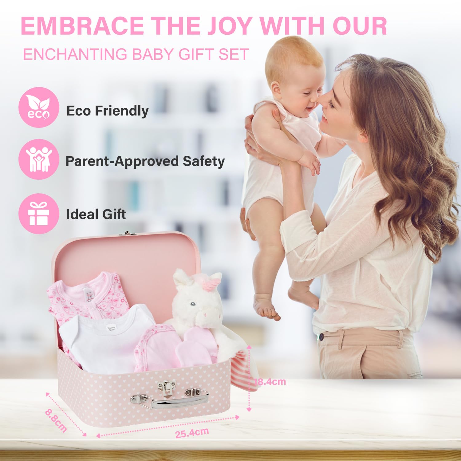 Baby Gift Set in Pink - Hamper for Baby Girl with Newborn Essentials Including a Comforter, Bodysuit, Sleepsuit, Cotton Bib and Mittens