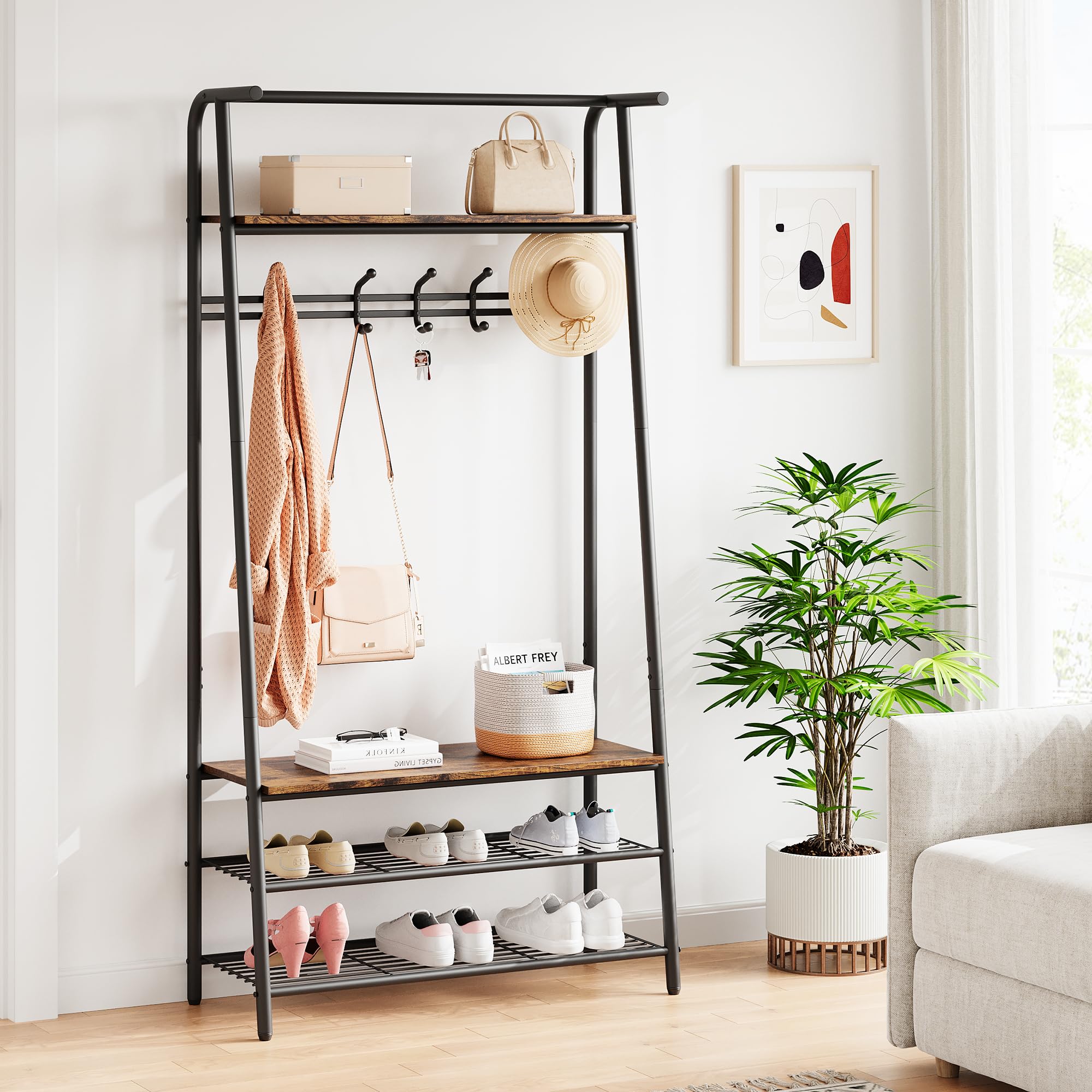 Coat Rack Shoe Bench with 5 Hooks, Entryway Hall Trees with Storage, Multifunctional Hallway Organizer, Wood Look Accent Furniture with Metal Frame, 4-in-1 Hall Trees Shoe Bench (5 Hooks-31.5 In)