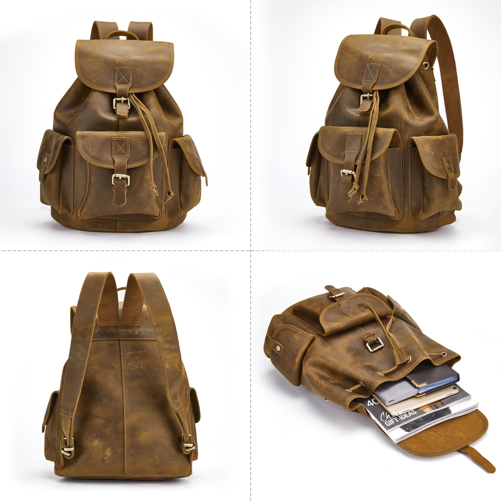 BRASS TACKS LEATHERCRAFT Backpack for Men Women Vintage Crazy Horse Full Leather Travel Daypack 15.6" Laptop Rucksack
