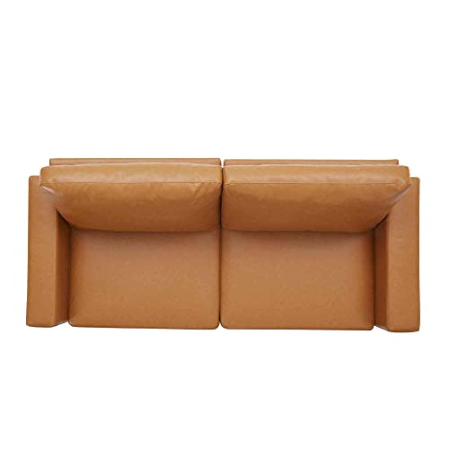 Cotoala PU Leather Sofa, Modern Upholstered 3 Seat Sectional Couch Furniture for Living Room, Home, Solid Frame and Wood Legs-Brown
