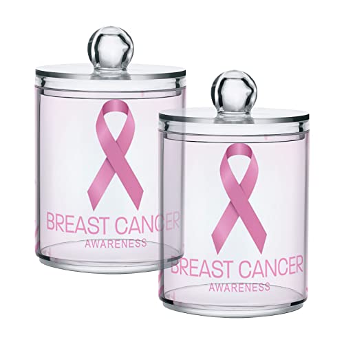 Breast Cancer Awareness 2 Pack 10 OZ Qtip Holder Dispenser for Cotton Ball, Cotton Swab, Cotton Round Pads, Floss, Plastic Apothecary Jar Set for Bathroom Canister Storage Organization, Vanity Makeup Organizer