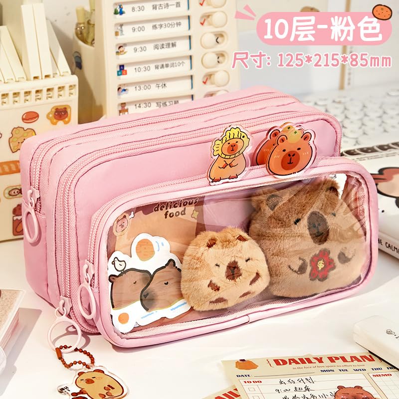 Capybara Pen Case, Aesthetic Transparent Pencil Case, Large Zippered Pencil Pouch, Beautiful Pencil Bag, Multi-Layer Large Capybara Pencil Pouch (5th Floor-A)