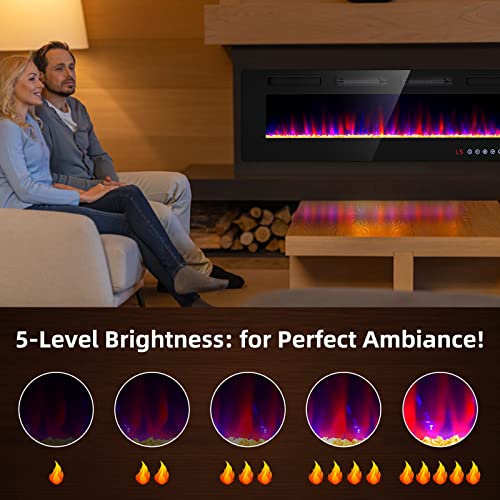 BREEZEHEAT 60inch Electric Fireplace Recessed Wall Mounted-Ultra Thin Fireplace Heater for Living Room/Bedroom with 2 Heat Vents, Remote Control, Touch Screen, Adjustable Flame, 8H Timer, 750w/1500w