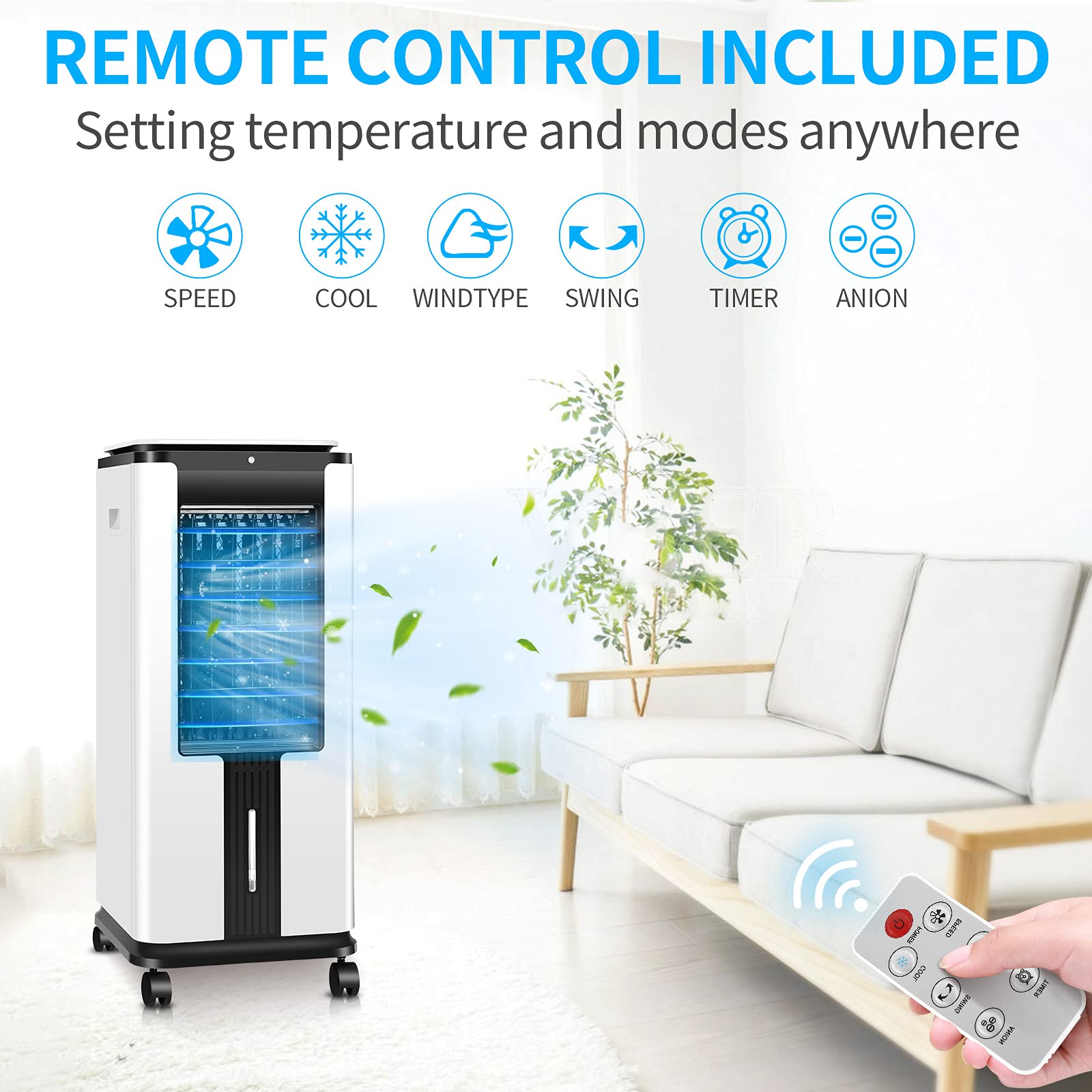 Kismile Portable Air Conditioner, Electric Air Cooler with 3 Wind Speeds, Remote Control, Built-in 12 H Timer Tower fan