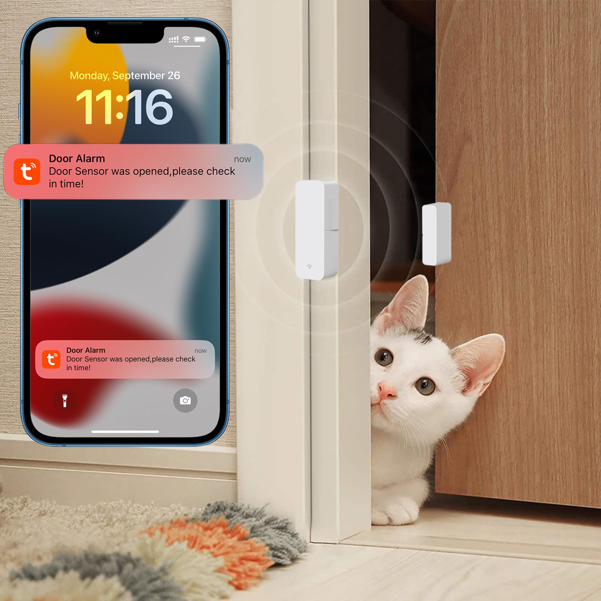 WiFi Door Sensor, Tuya Smart Door Window Sensor, Smart Window Sensor Real-time Alarm Compatible with Alexa Google Assistant,Home Security Door Open Contact Sensor for Business Burglar Alert (1 Pack)