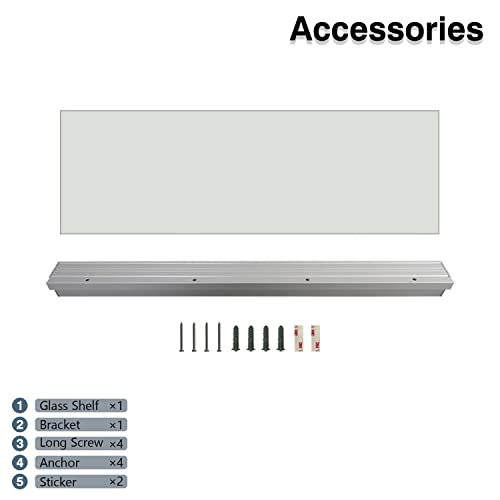 Naiture Bathroom Wall Mount Glass Wall Shelf with Aluminum Bracket, 35.4 x 7.9 x 0.31 Inch, Clear
