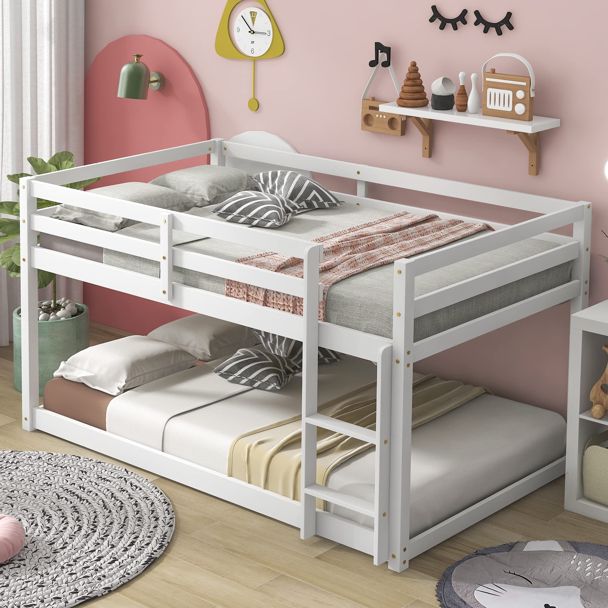 Harper & Bright Designs Low Bunk Beds Twin Over Twin Wood Twin Bunk Bed Frame with Safety Rail Ladder for Kids Bedroom Twin Floor Bunk Bed for Boys Girls Teens, White