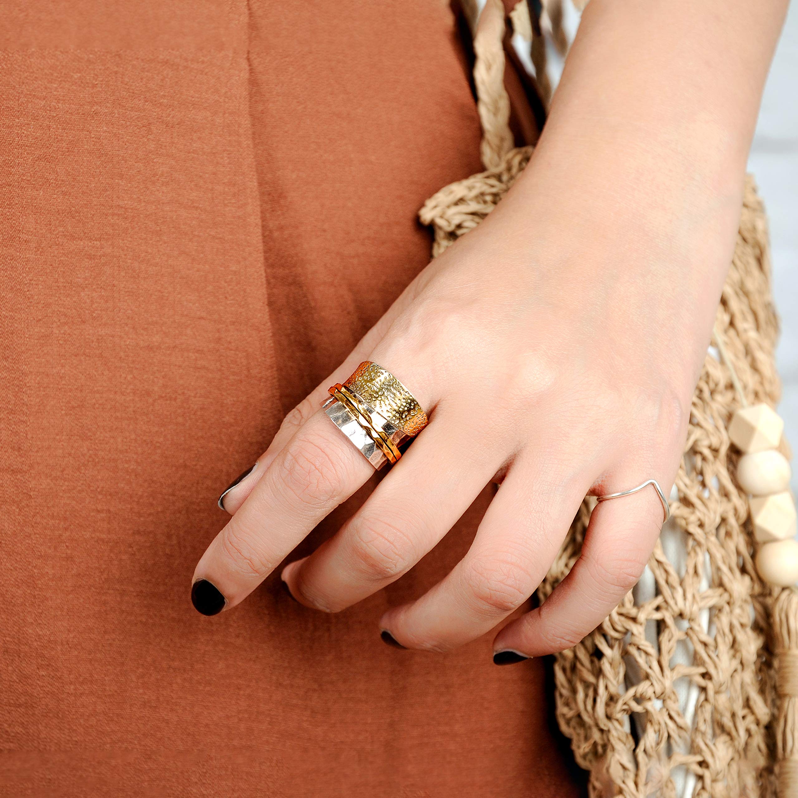 Boho-Magic 925 Sterling Silver Spinner Ring for Women with Brass Fidget Rings Wide Band (9)