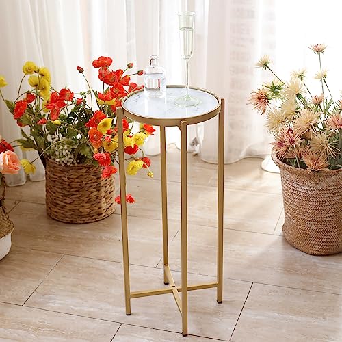 DOWLVN Gold Marble Snack Drink Accent Table, Small Round Side End Table for Living Room Bedroom Small Space, 11" D x 24" H