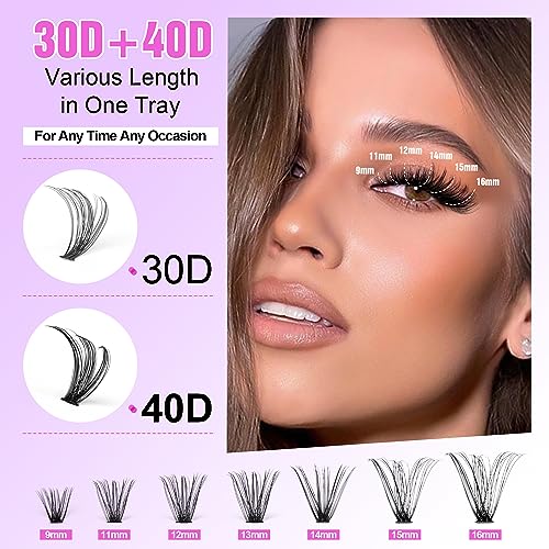 DIY Lash Extension Kit 280pcs Individual Lashes Cluster D Curl Eyelash Extension Kit 30D 40D 9-16mm Mix Lash Clusters with Lash Bond and Seal and Lash Applicator Tool for Self Application at Home (30D+40D-0.07D-9-16MIX KIT)