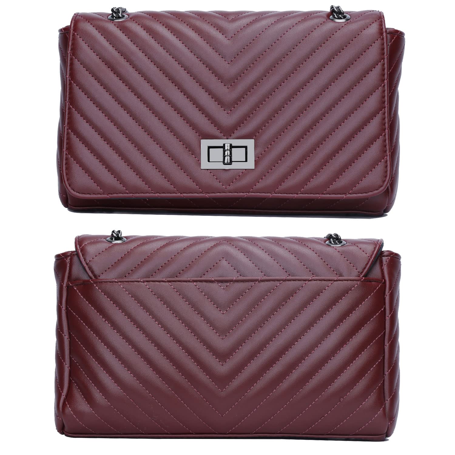 KKXIU Quilted Multiple Pocket Women Crossbody Bag with Chain Strap Stylish Ladies Shoulder Clutch Purse (a-Wine)