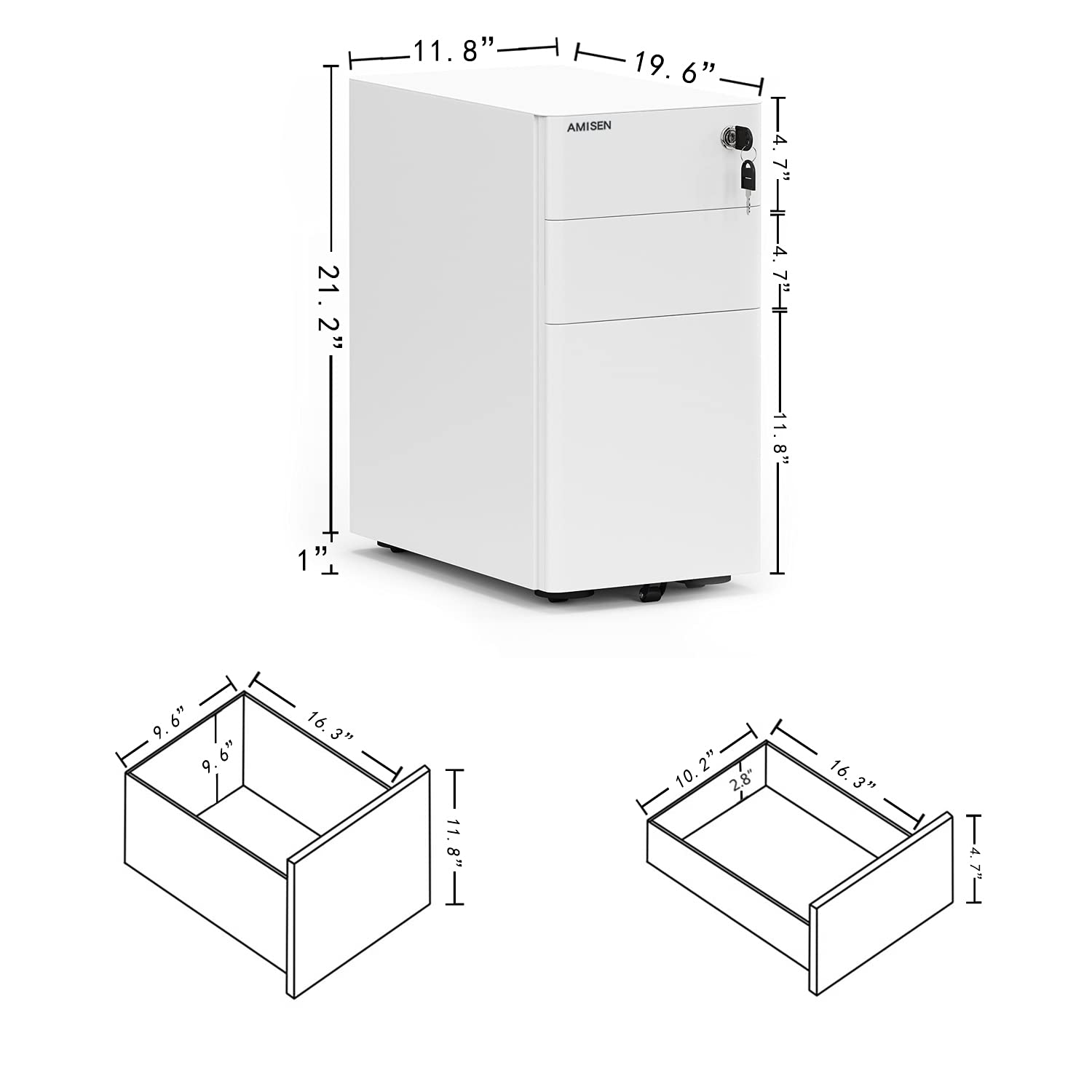 AMISEN File Cabinet，3-Drawer Metal Mobile Filing Cabinets Office Drawer with Lock，Slim Storage Cabinet for Legal/Letter/A4 File, Fully Assembled Including Casters, White