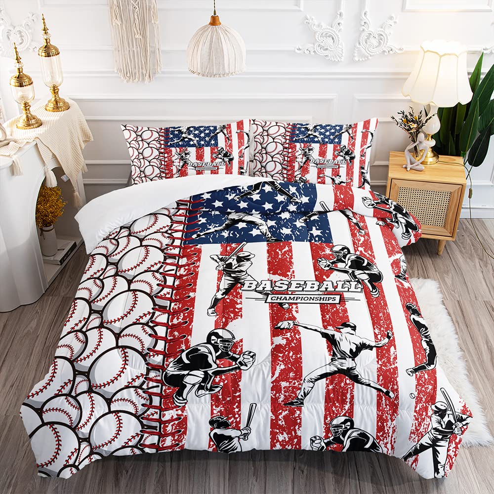 Suncloris 3D White American Flag Baseball Bedding Set for Kids,Flag Background Baseball Ultra Soft All Seasons Comforter Set Ball Sport Bed Set 1 Comforter 2 Pillowcases(White, Queen)