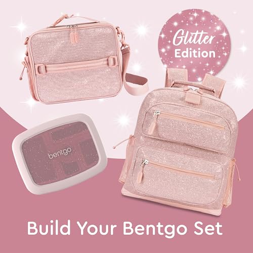 Bentgo® Kids Lunch Bag - Glitter Designed Insulated Lunch Bag for Kids 3+; Holds Lunch Box, Water Bottle & Snacks; Easy to Clean, Water Resistant, & Zip Pockets (Glitter Edition - Petal Pink)