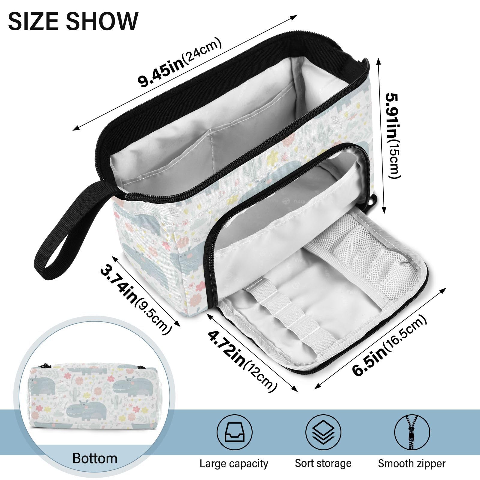 Custom Cute Hippo Pencil Bag Pencil Case Personalized Large Capacity Pen Box Customized Pencil Pouch Organizer Pen Bag for School Office Students