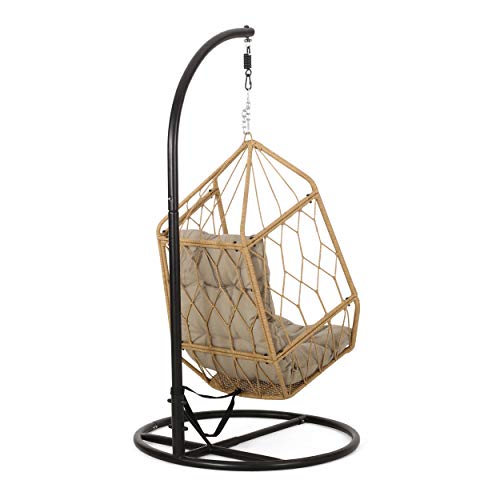 Christopher Knight Home Allegra Outdoor Hanging Chair with Stand, Light Brown + Tan + Black