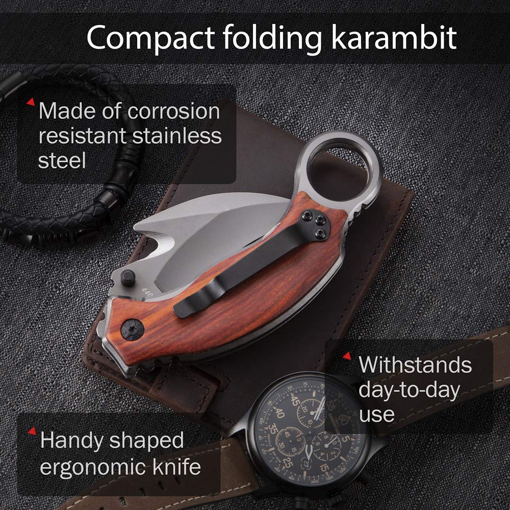Bundle of 2 Items - Karambit Knife - Karambit Folding Knife - Folding Karambit Knives - CSGO Raptor Claw Knifes Wood Handle with Clip Pocket Krambite - Pocket Knife for Urban Work Hobby Unboxing