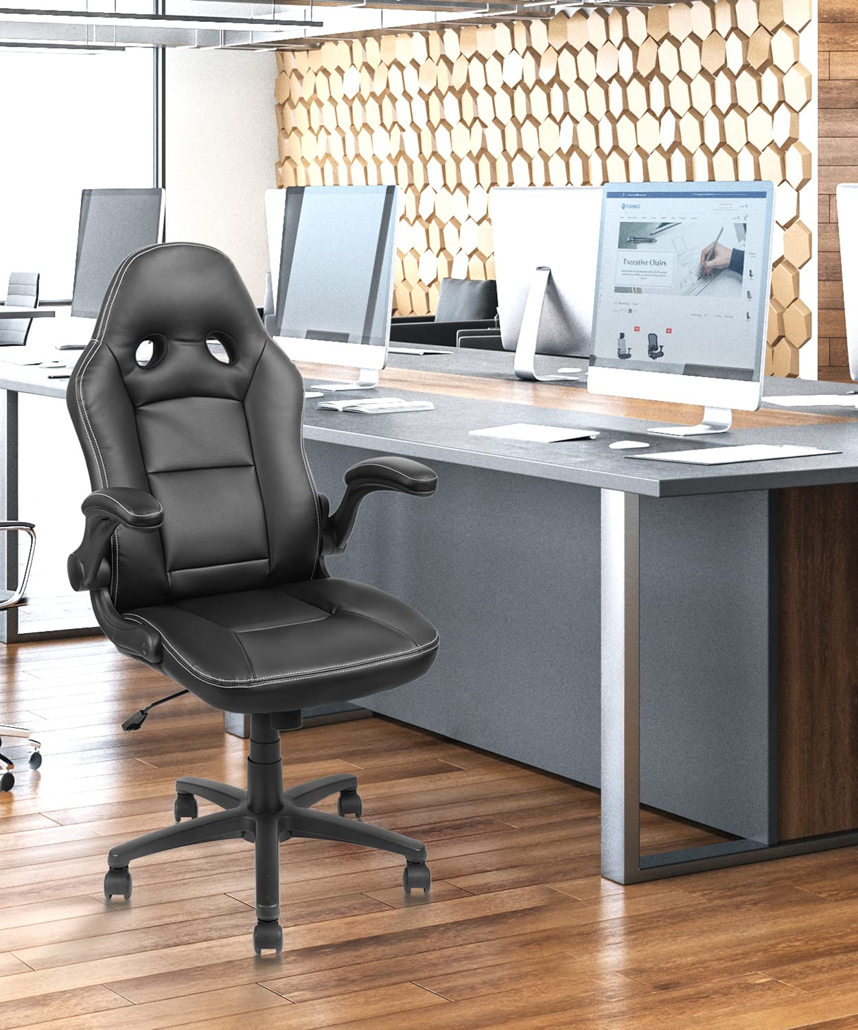 KLASIKA Computer Office Gaming Chair, Ergonomic Swivel Video Game Chairs with Flip Up Armrest Adjustable High Back Leather Desk Chair for Adults Women Men, Black