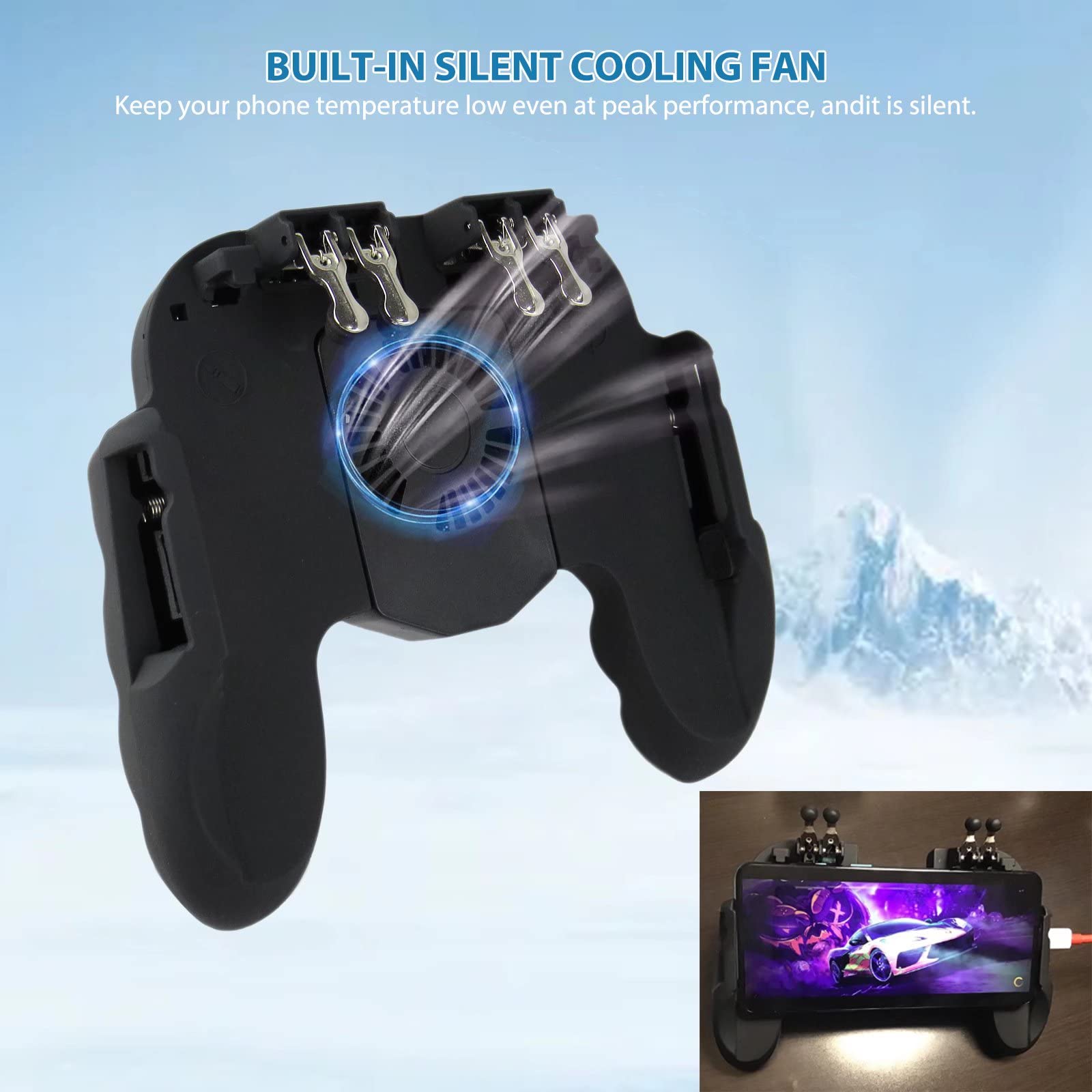 Mobile Game Controller Built-in Silent Cooling Fan 4in1 multitask controller Ergonomic Comfort by Tunes for Fortnite PUBG Knives Out Cross Fire,Call of Duty,Rules of Survival