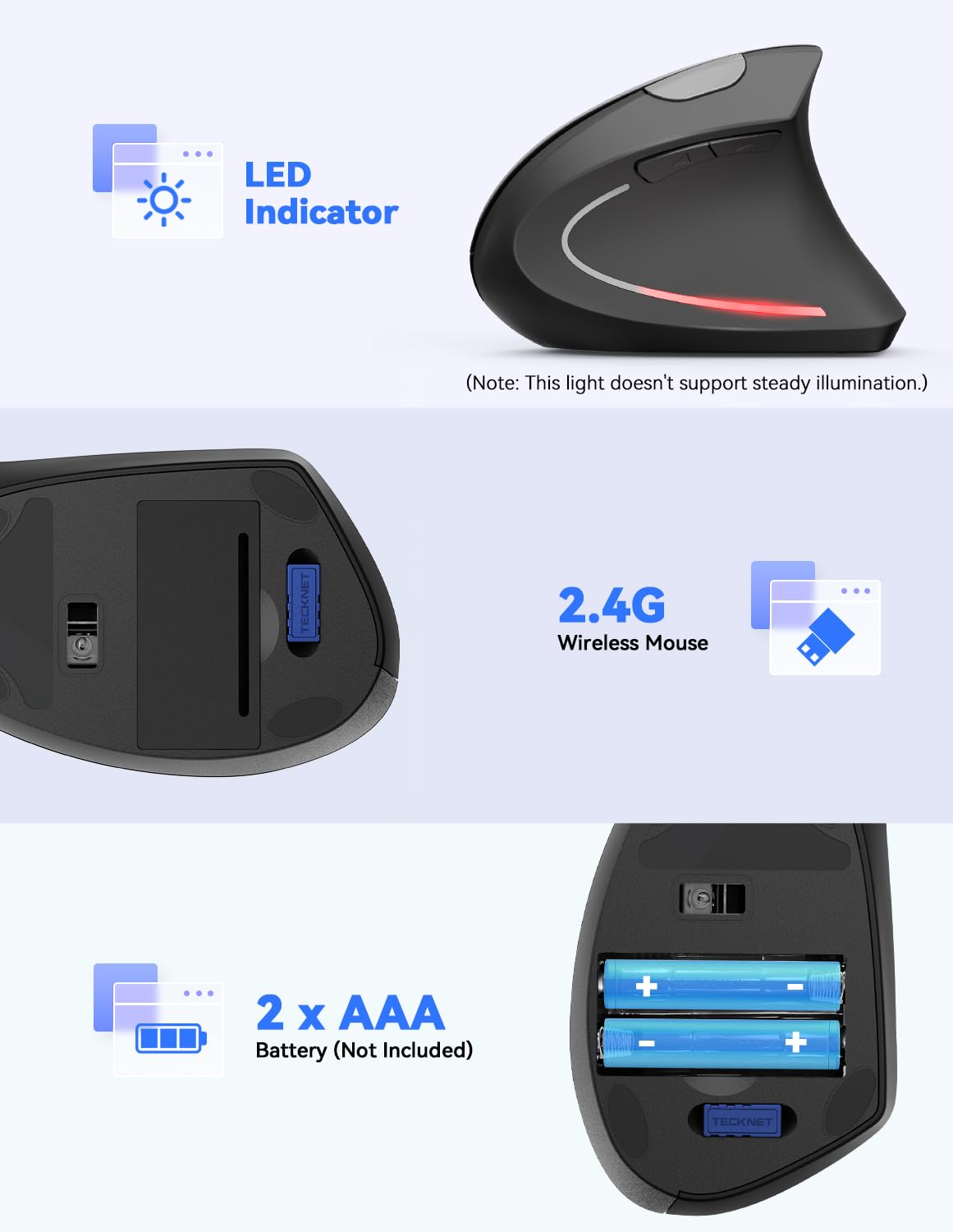 TECKNET Ergonomic Mouse, 4800 DPI Wireless Vertical Mouse with 5 Adjustable DPI Levels, 2.4GHz Optical Carpal Tunnel Mouse, 6 Buttons Wireless Mouse for Laptop, Desktop, PC, MacBook - Grey