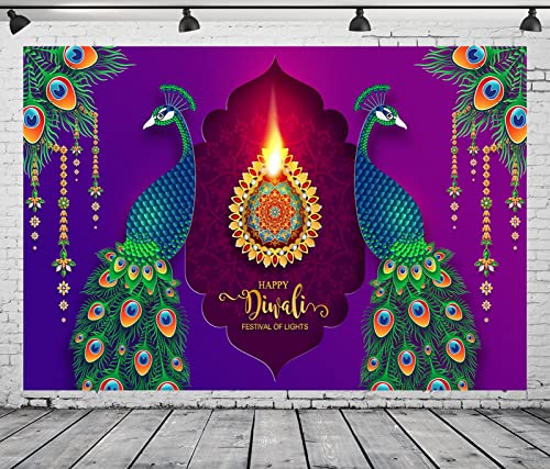 CORFOTO 5x3ft Fabric Happy Diwali Festival Backdrop Diwali Crystals Gold Diya Peacock Background Diwali Decorations Backdrop for Deevali Pooja Indian Wall Banner Happy Diwali Party Decorations Props