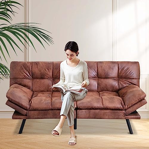 Fangflower Futon Sofa Bed, Faux Leather Memory Foam Couch, Foldable Convertible Sleeper Loveseat, Daybed for Living Room, Brown