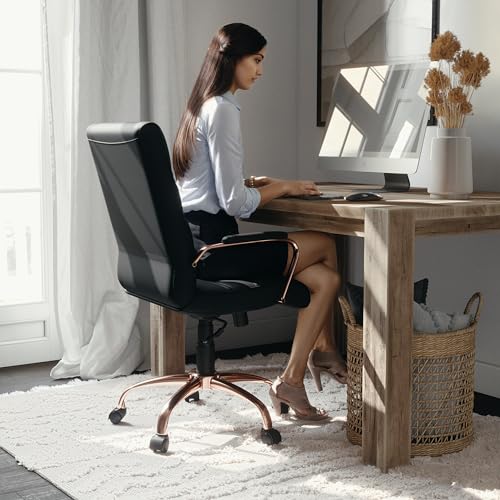 Flash Furniture Whitney Mid-Back Swivel LeatherSoft Desk Chair with Padded Seat and Armrests, Adjustable Height Padded LeatherSoft Office Chair, Black/Rose Gold
