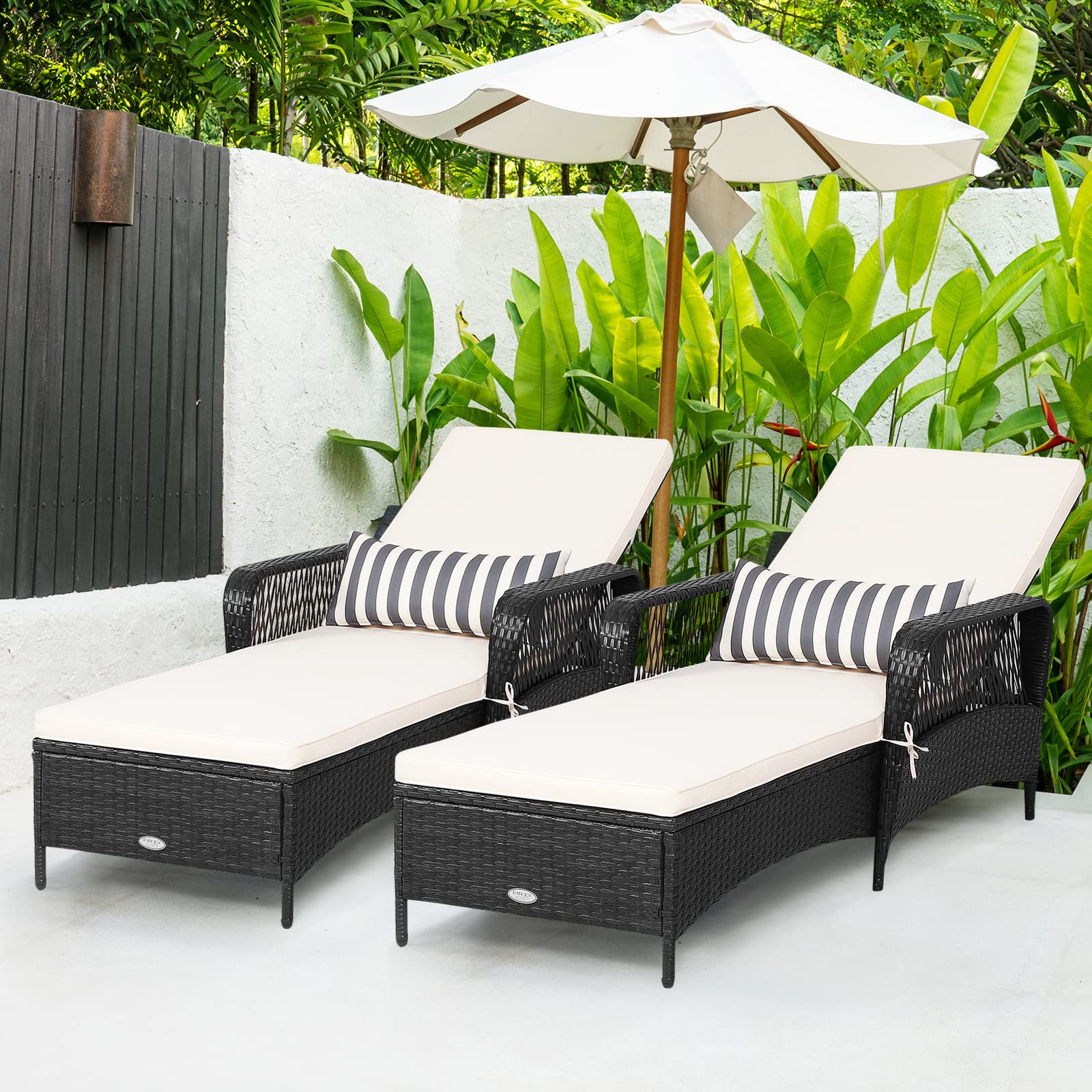 HAPPYGRILL 2 Patio Chaise Lounge Chair Set Outdoor Rattan Wicker Recliner with Thick Cushion, Lumbar Pillow, Adjustable Backrest for Garden Porch Lawn Poolside