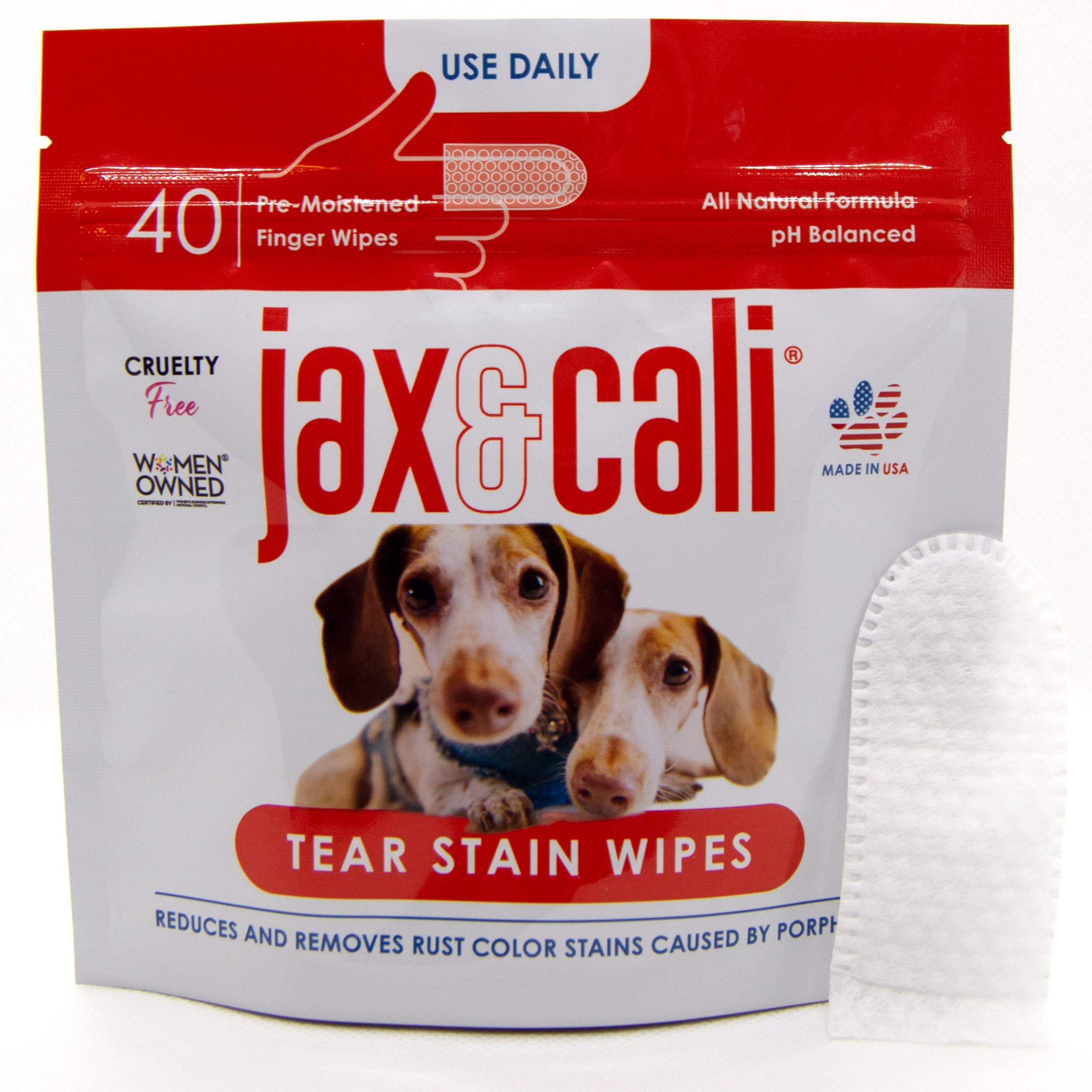 JAX & CALI Tear Stain Wipes for Dogs and Cats, All Natural, Non-Toxic, Non-Irritating Ingredients, Eliminates Most Porphyrin Stains, for Healthy Eye Function, 40 Pre-Moistened Finger Wipes