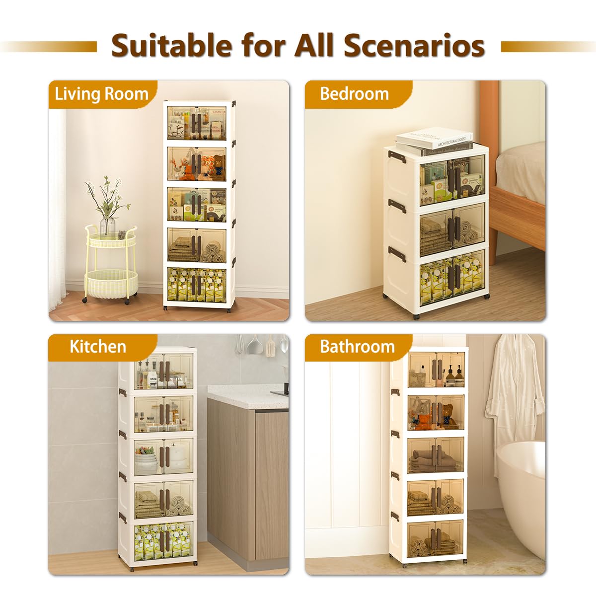 Collapsible Storage Bins with Lids - Closet Organizers and Storage, 15.4"x10.0"x26.4" Small Stackable Storage Bins Open Front Door, Magnetic Foldable Storage Box for Home Organizer 3 Tiers 72Qt