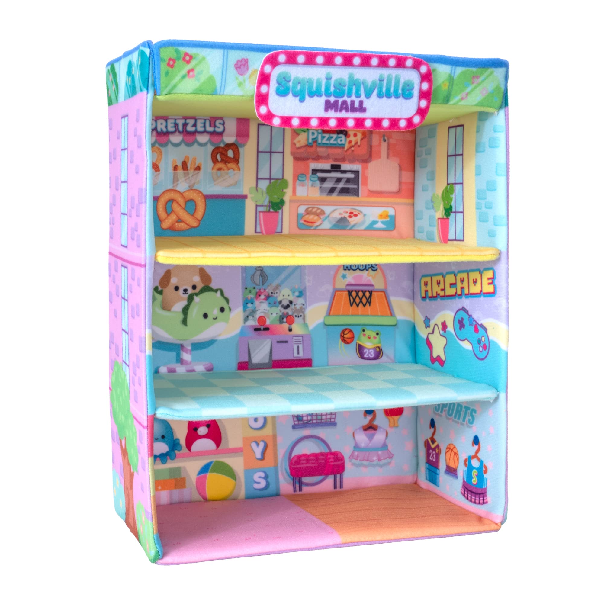 Squishville by Squishmallows SQM0158 Mall-Two 2” Mini-Squishmallow Plush Characters, Themed Play Scene, Plus 4 Accessories Bag, Shopping Cart, Cash Register, Arcade Machine, Multi