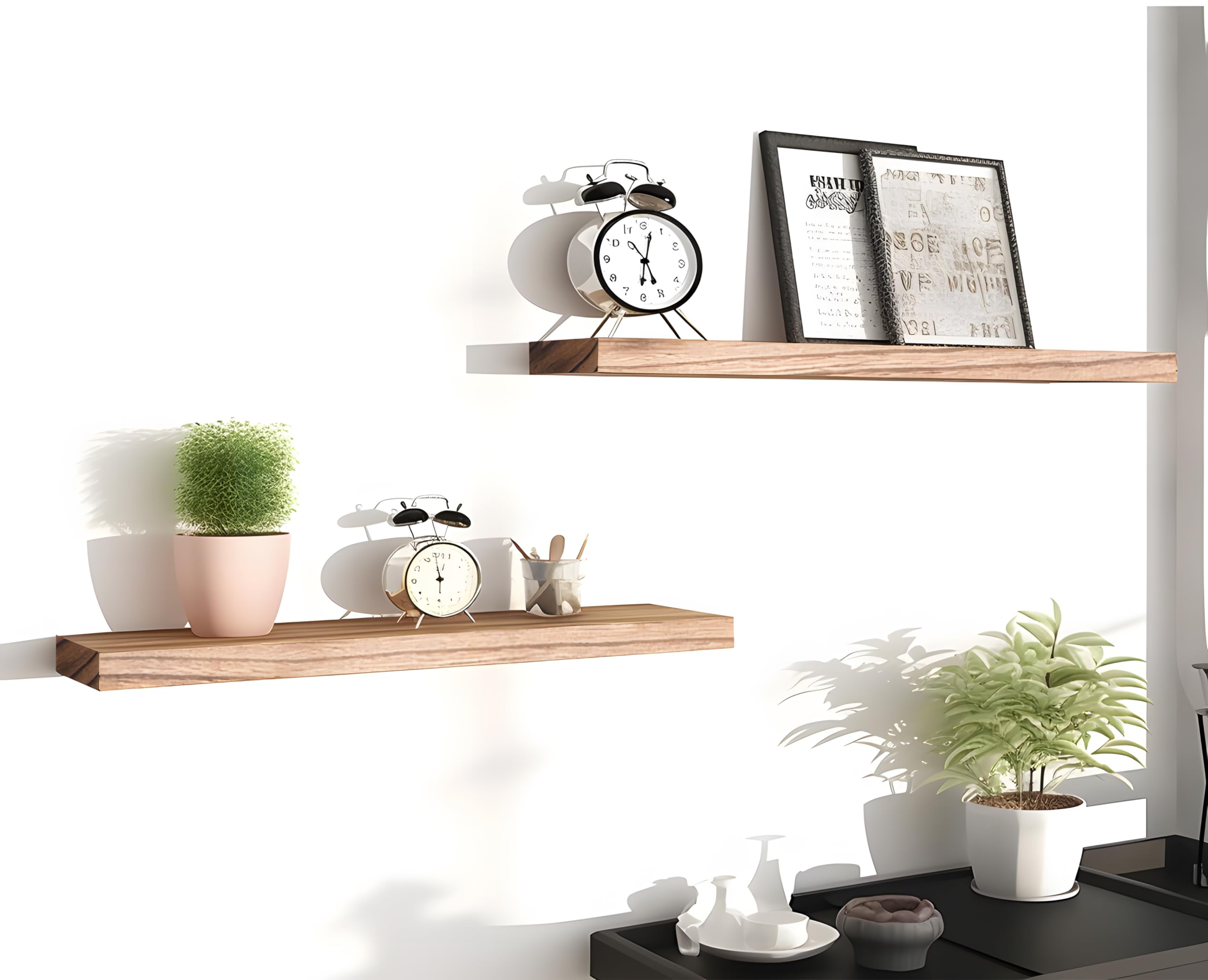 PHPH Wood Floating Shelves for Wall, Wooden Wall Shelves for Bedroom, Set of 6 Light Brown 17 Inch