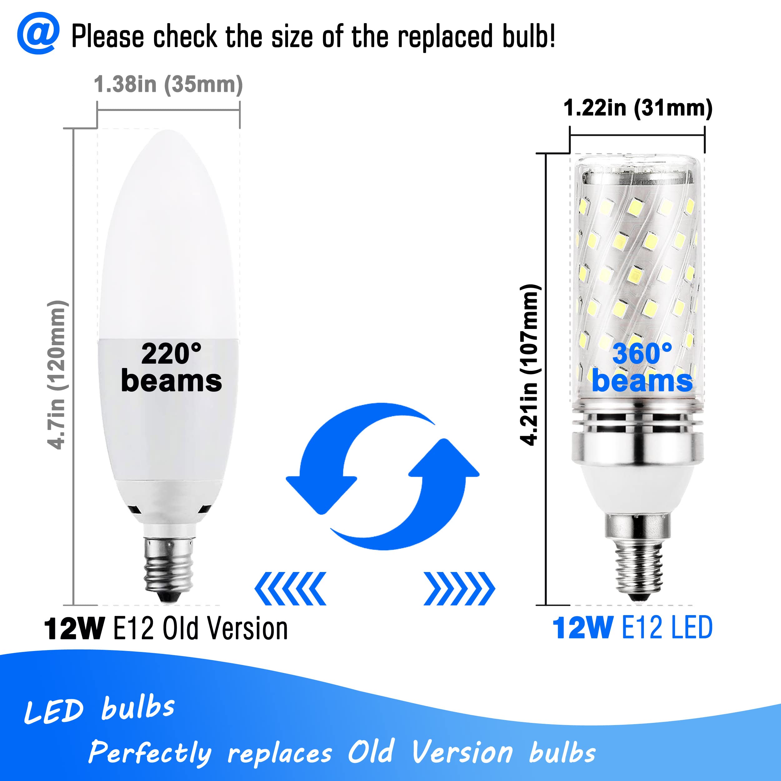 Heifymi E12 100W Led Candelabra Bulbs Replacement, 6000k Daylight Bright White, E12 12W Led Candle Light Bulbs T6 C7 1200lm, E12 Base Chandelier Pendant Ceiling Fan Bulbs, Non-Dimmable, 4Pack