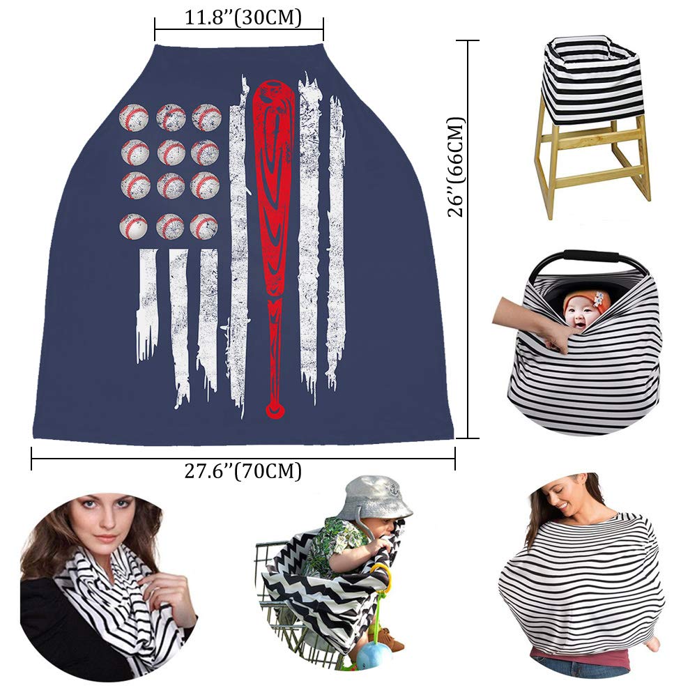 Baby Car Seat Covers American Flag, Nursing Cover Breastfeeding Scarf/Shawl, Infant Carseat Canopy, Stretchy Soft Breathable Multi-use Cover Ups, Baseball Blue White Stripe