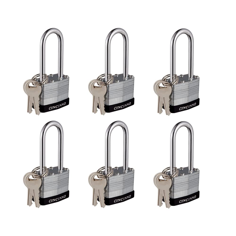 CINCINNO Laminated Steel Padlock with Key,6 Pack Keyed Alike Padlocks with Long Shackle