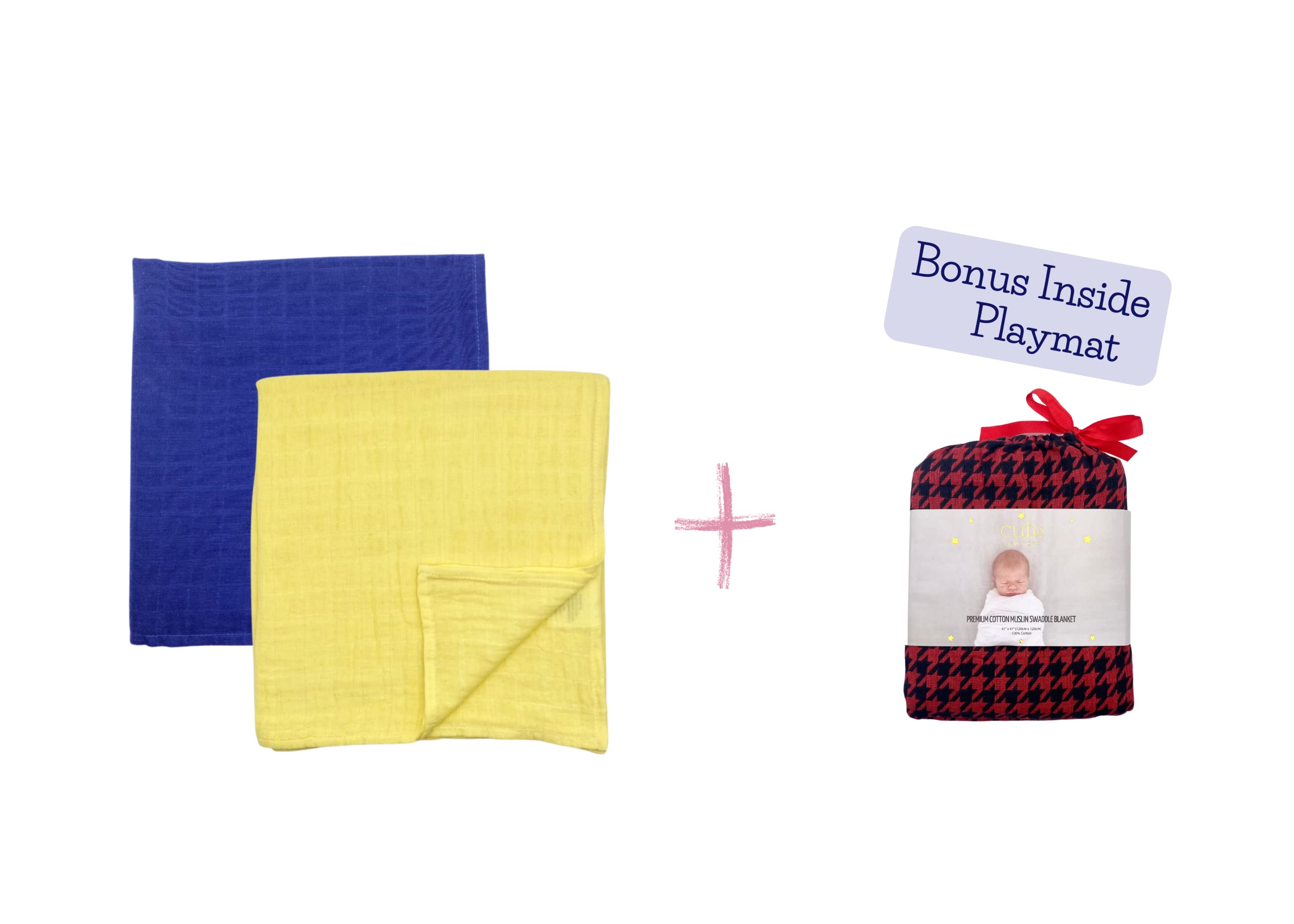 Cute New York Cotton Muslin Swaddle Baby Blankets 2 Pieces Set (Royal Blue/Yellow)