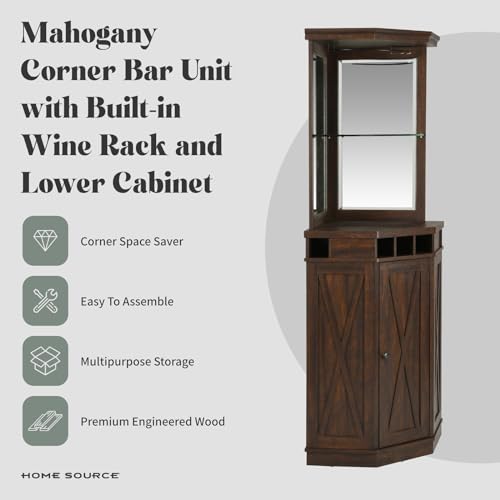 Home Source 73" Tall Corner Storage Cabinet with Wood Doors, Wine Rack, Liquor Glass Holder, Glass Design Large Rustic Bar Hutch for Living Room, Home Office, Kitchen, Small Space, Mahogany