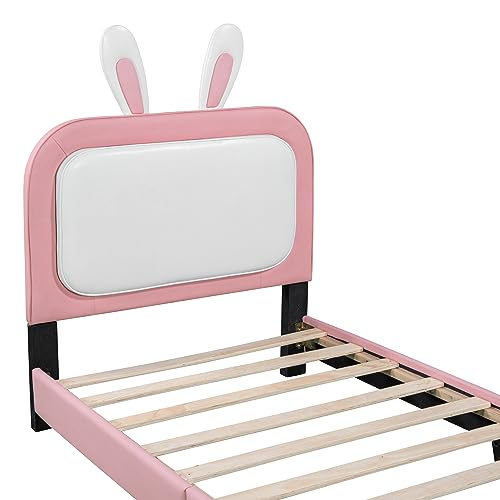 CJLMN Upholstered Rabbit Shaped Princess Bed Pink Platform Bed, Twin Size Wood Bed Frame with Bunny Ears Headboard and Bunny Tail Footboard, Kids Bedroom Furniture Fun Cute Rabbit Bed