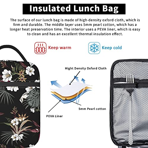 GAMSJM White Flower Lunch Box for Women, Black Insulated Lunch Bag