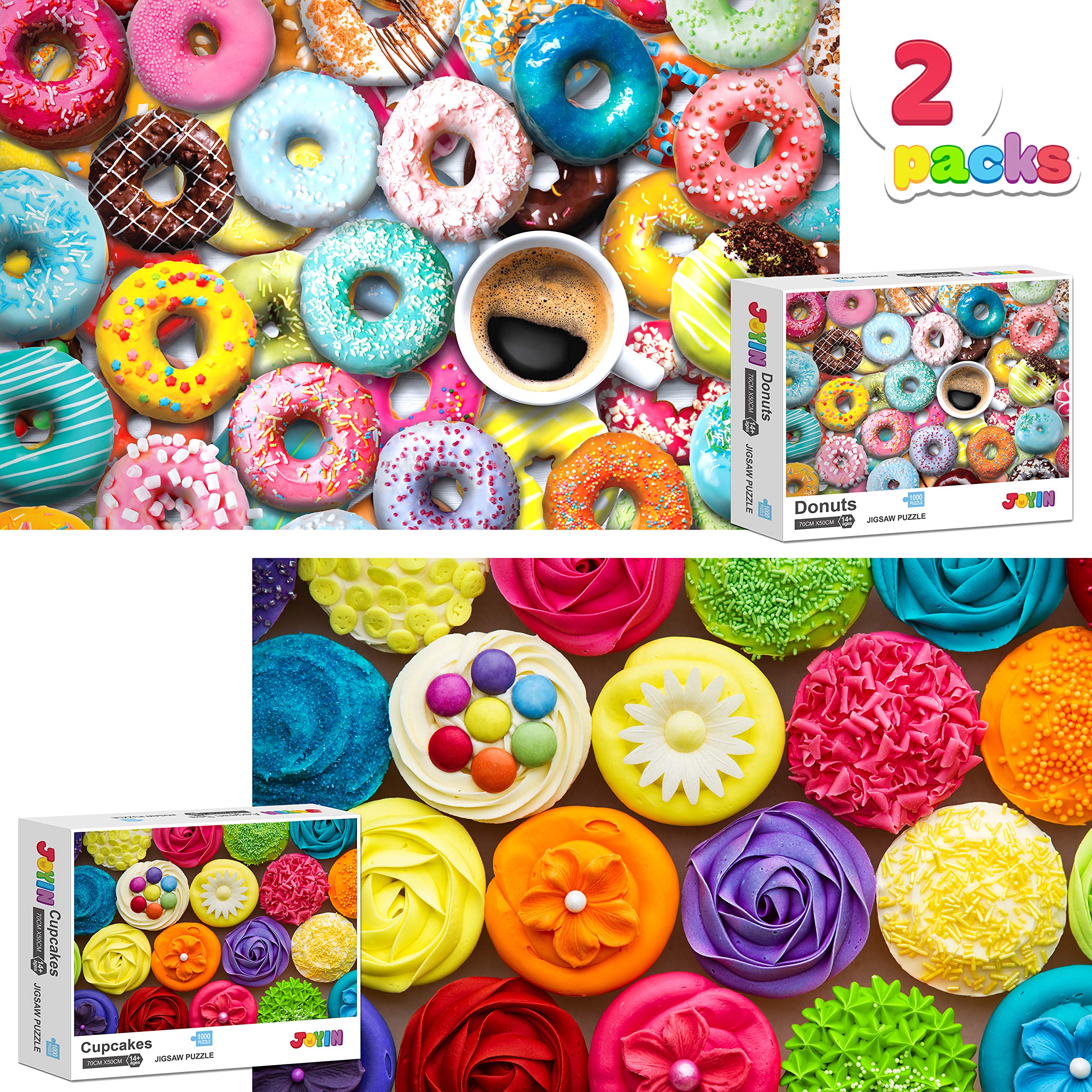 JOYIN 2 Packs 1000 Pcs Donuts and Cupcakes Puzzles, Seamless Snacks Jigsaw Puzzles for Kids Adults (28" x 20"), Premium Quality Fun Family Challenging Puzzles for Brithday