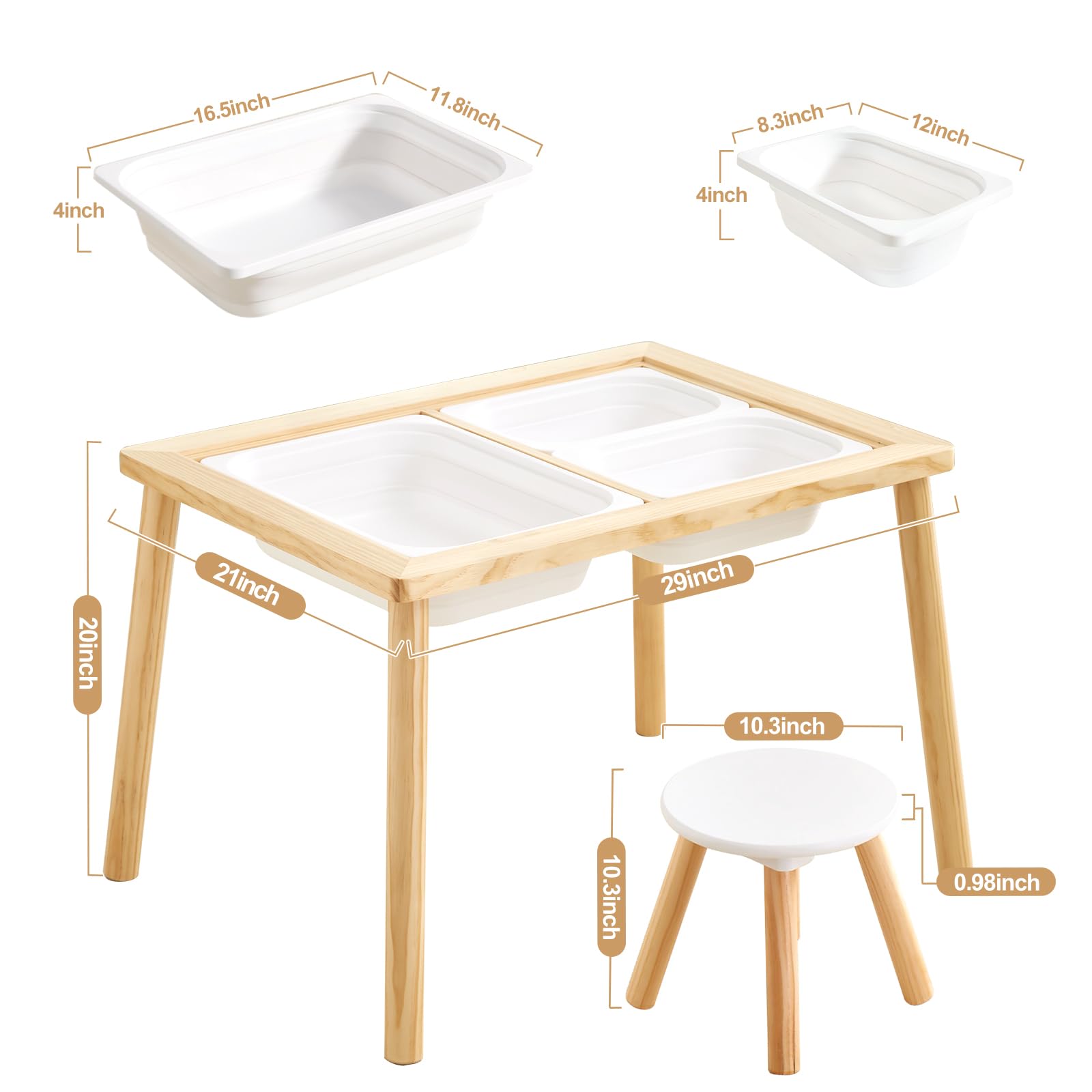Beright Kids Table and Chair Set, Indoor Sensory Table with 2 Chairs and 3 Storage Bins, Play Sand Water Table for Toddlers, Wooden Activity Table, for Birthday, Christmas