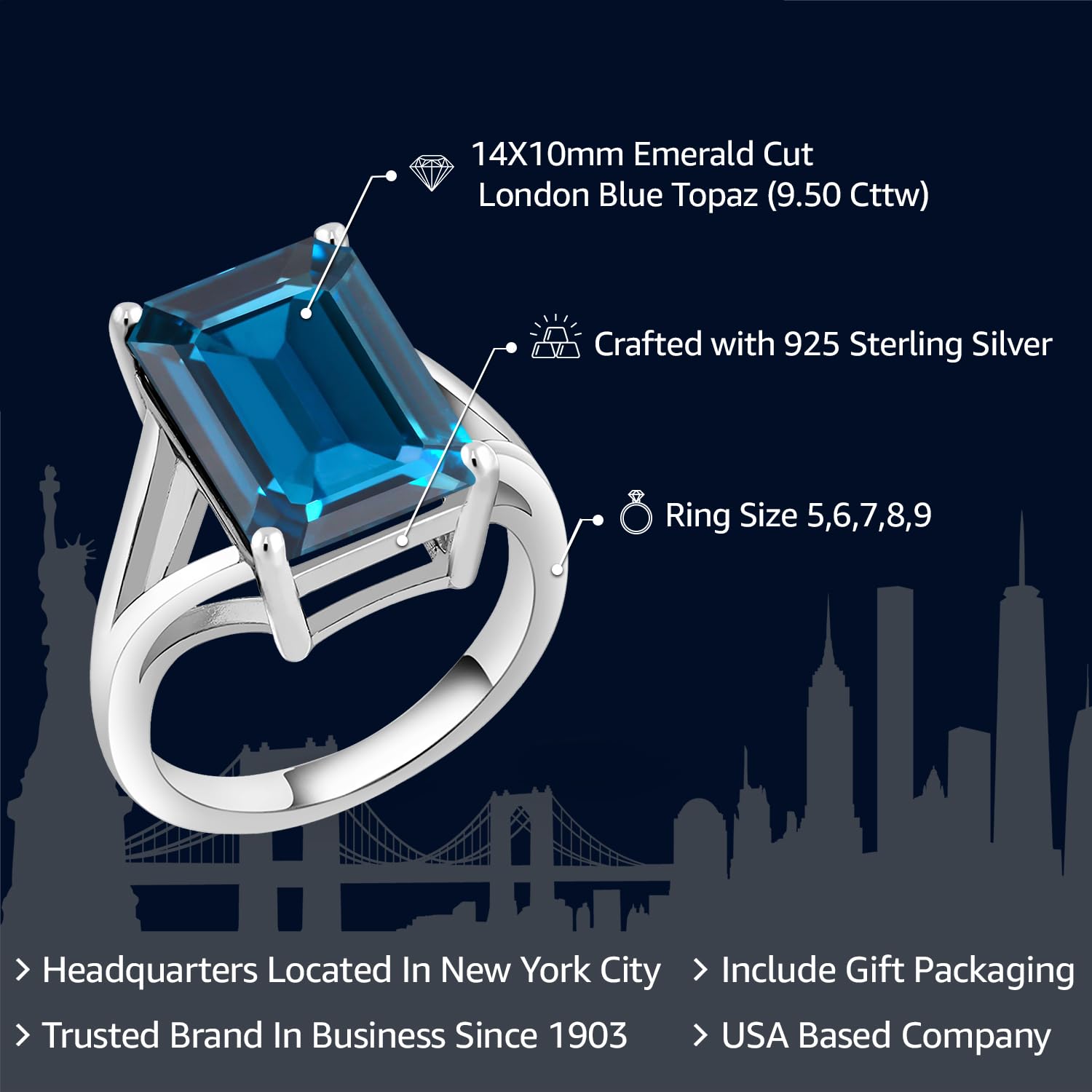 Gem Stone King 14X10MM Emerald Cut Gemstone Birthstone Solitaire Engagement Ring For Women | 925 Sterling Silver | Wedding Anniversary Promise Ring For Women | Available In Size 5, 6, 7, 8, 9